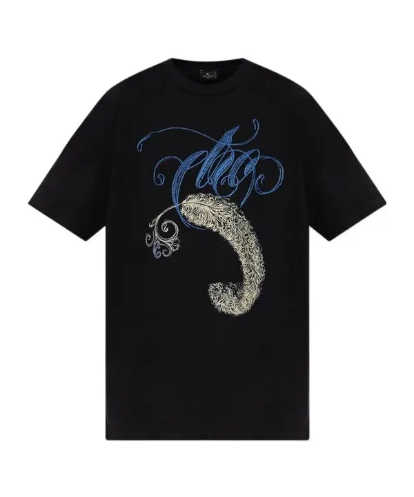 Etro Cotton T-shirt With Logo Embroidery And Feather Print - Black