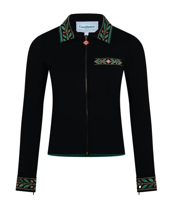 Casablanca Embroidered Zip-up Knit Jacket - Black