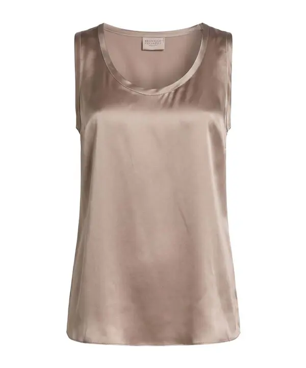 Brunello Cucinelli Sleeveless Scoop Neck Satin Top - Nude