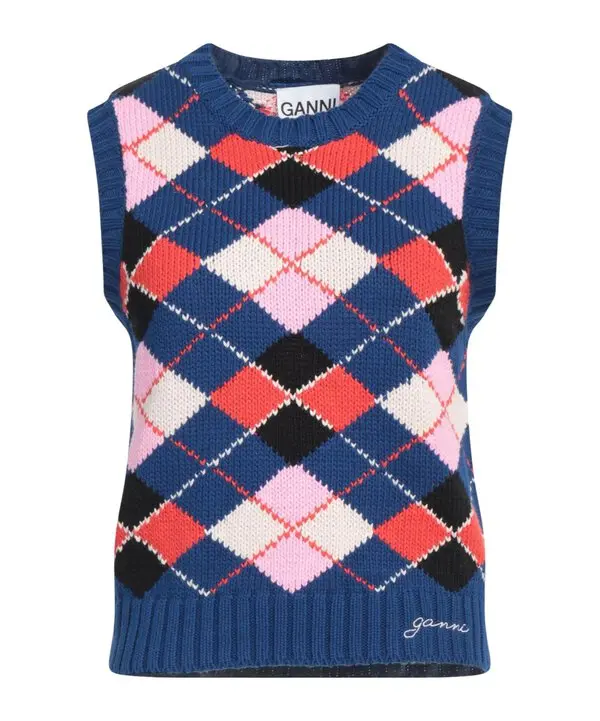 GANNI Geometric Argyle Knit Sleeveless Top - Blue