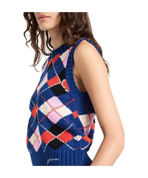 GANNI Geometric Argyle Knit Sleeveless Top