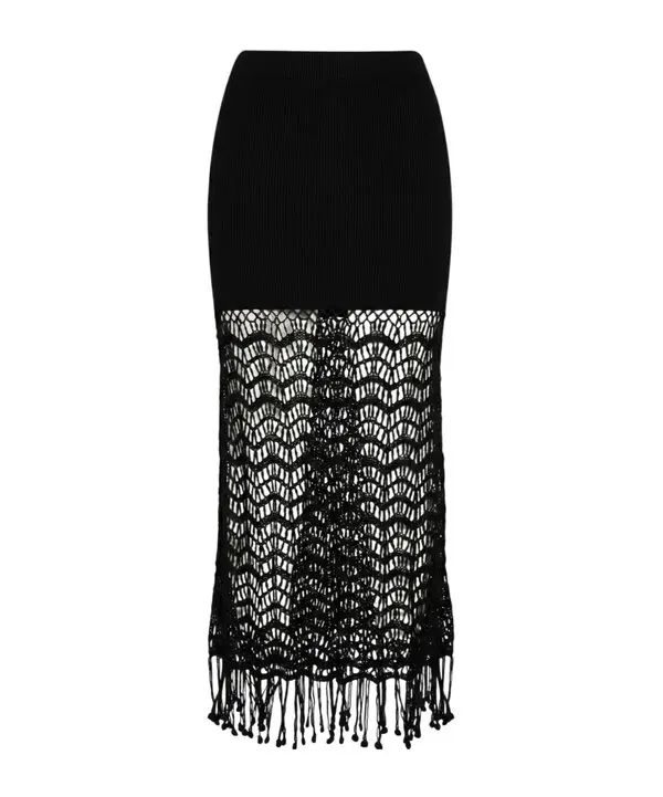 GANNI Fitted Knit Midi Skirt With Tassel Detailing - Black