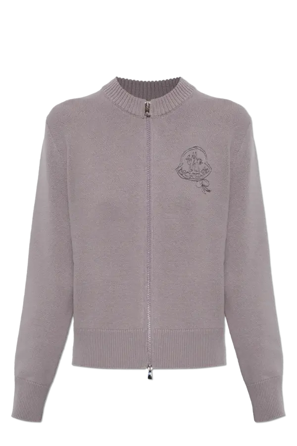 Moncler Wool Cardigan With Embroidered Logo - Purple