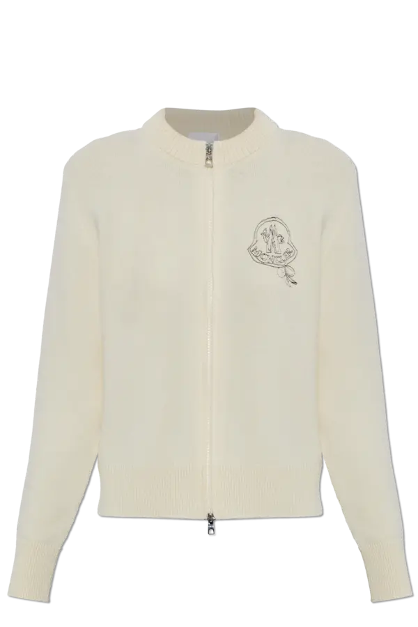 Moncler Wool Cardigan With Embroidered Logo - Cream