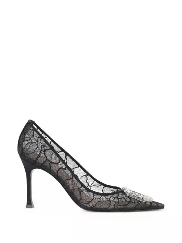 Amina Muaddi Camellia Crystal-embellished Lace Pumps - Black