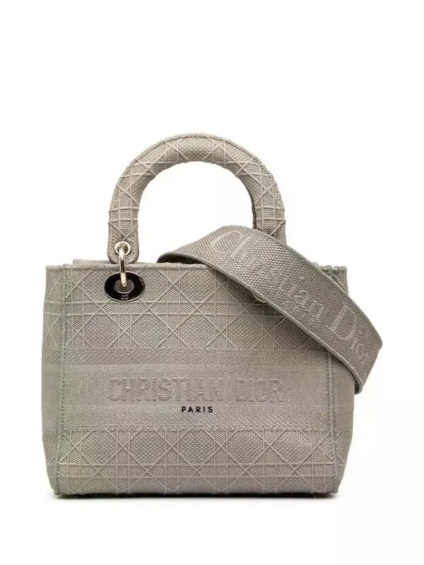 Dior 2020 Medium Embroidered Canvas Cannage Lady D Lite Satchel - Grey