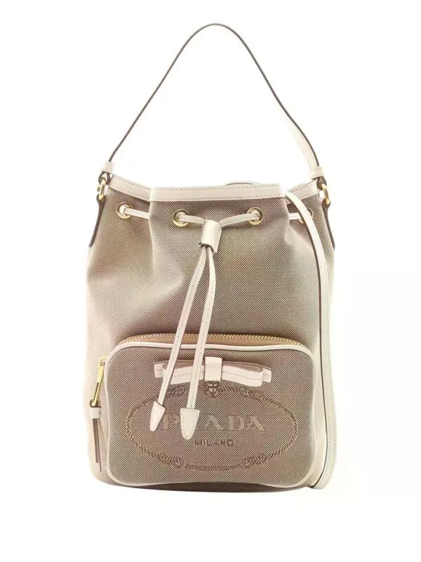 Prada 2010-2026 Canvas Canapa Logo Bow Drawstring Bucket Bag Satchel - Brown