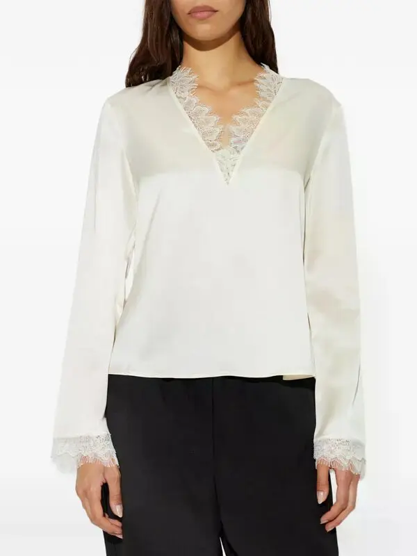 GANNI Lace-trim V-neck Long Sleeve Top