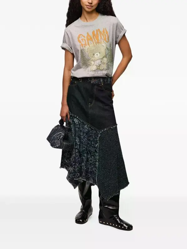 GANNI Patchwork Frayed-edge Denim Skirt