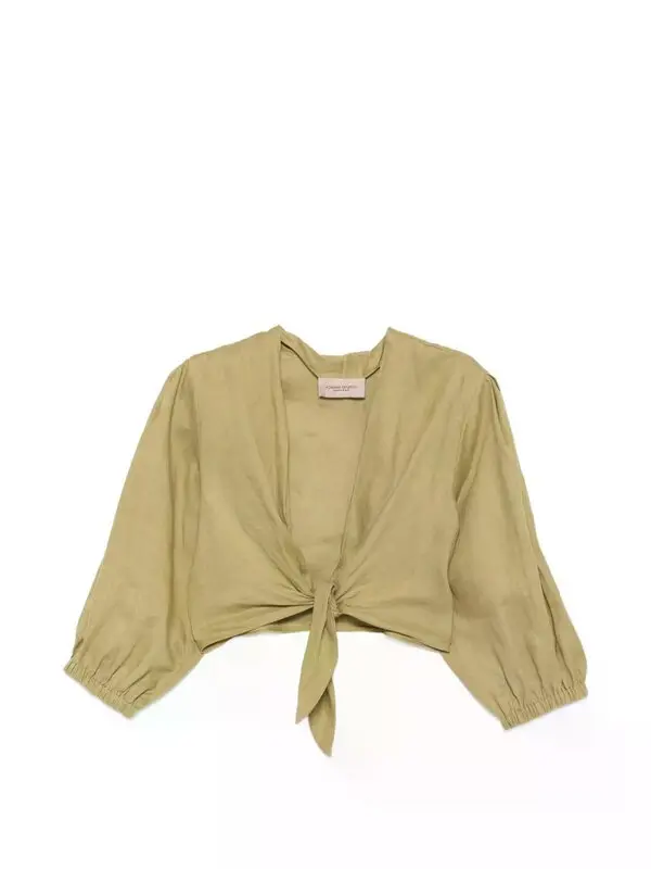 ADRIANA DEGREAS Front-tie Balloon-sleeve Cropped Top - Neutrals