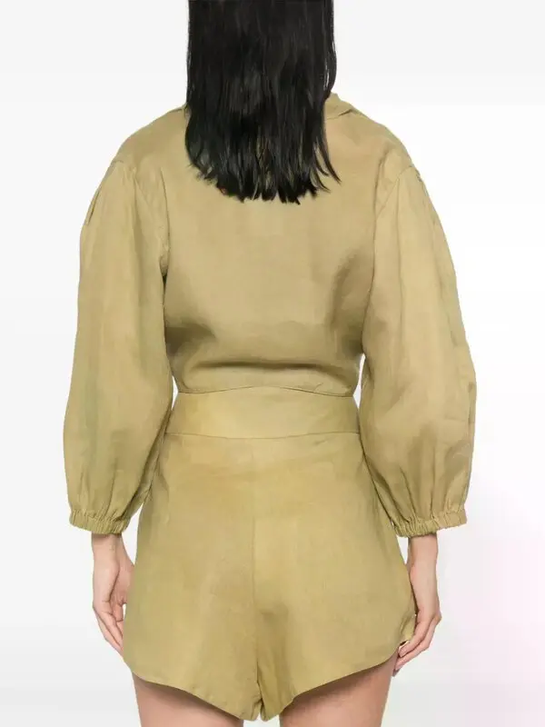 ADRIANA DEGREAS Front-tie Balloon-sleeve Cropped Top - Neutrals