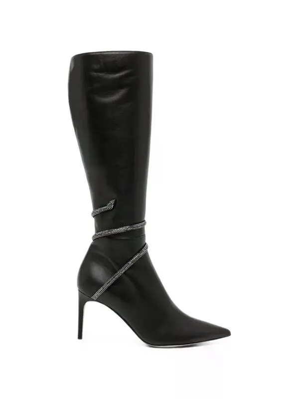 Rene Caovilla Leather Embellished Stiletto Boots - Black