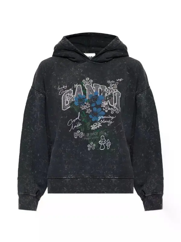 GANNI Graphic-print Cotton Hoodie - Black