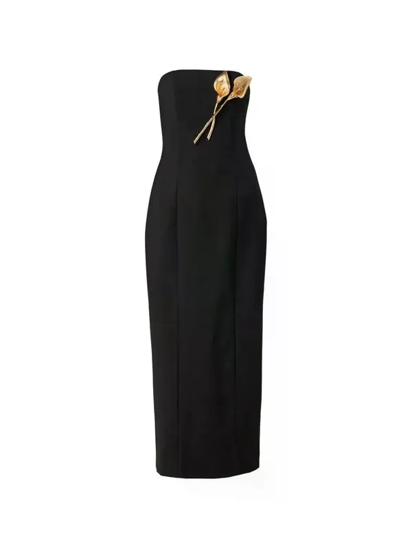 Carolina Herrera Calla Lily Brooch Strapless Midi Dress - Black
