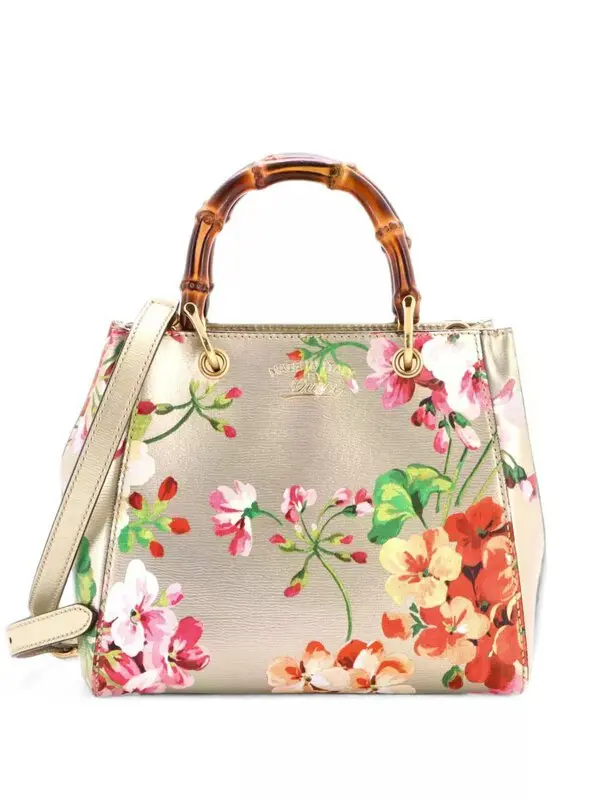 Gucci Bamboo Shopper Blooms Print Leather Mini Tote Bag - Gold