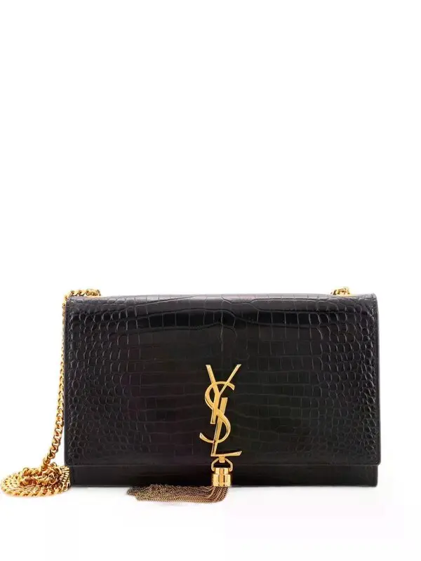 Saint Laurent Classic Monogram Tassel Crocodile Embossed Leather Medium Crossbody Bag - Black