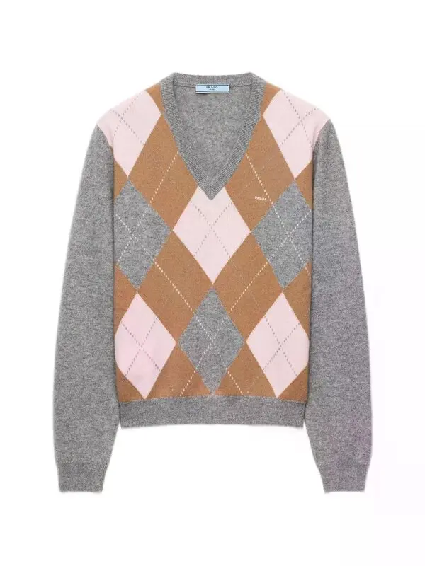 Prada Argyle Cashmere V-neck Sweater - Grey