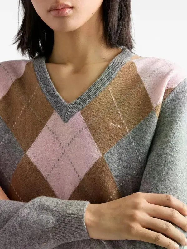 Prada Argyle Cashmere V-neck Sweater
