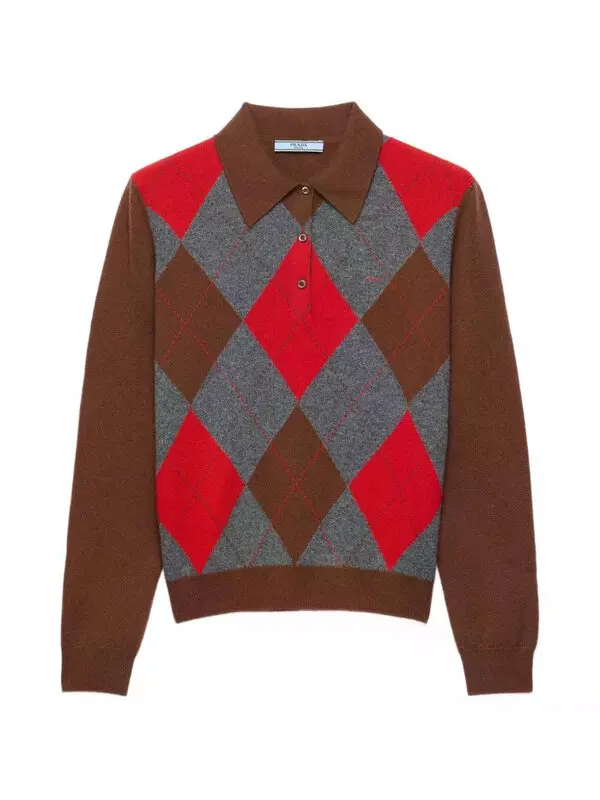 Prada Argyle Cashmere Polo Sweater - Brown
