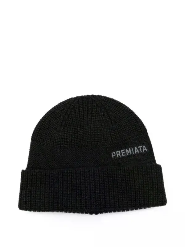 Premiata Ribbed Knit Beanie Hat With Logo - Black