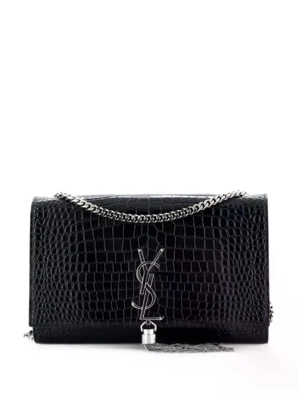 Saint Laurent Classic Monogram Tassel Crocodile Embossed Leather Medium Crossbody Bag - Black