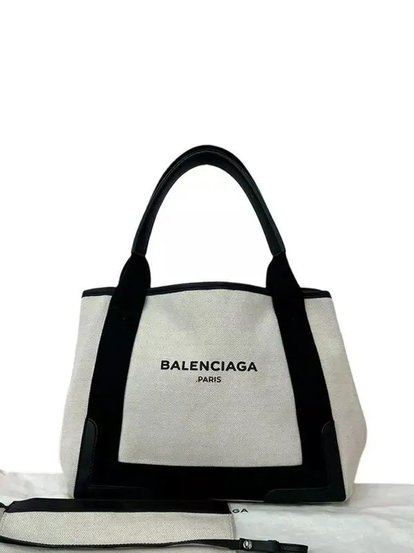 Balenciaga Navy Cabas S Canvas Tote Bag - White