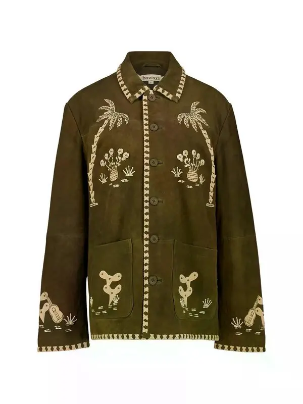 BAZISZT Embroidered Whipstitch-trim Leather Jacket - Green