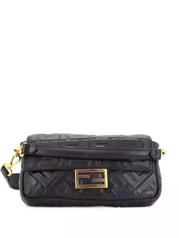 Fendi Baguette Nm Bag Zucca Embossed Leather Medium Crossbody Bag - Black