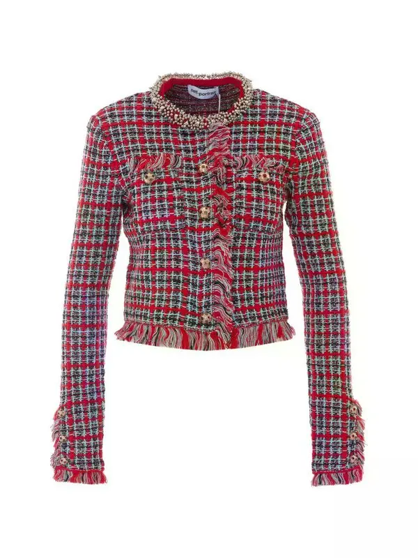 SELF-PORTRAIT Checked Frayed Knit Jacket - Red