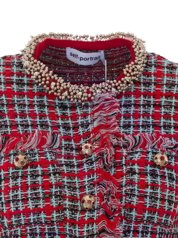 SELF-PORTRAIT Checked Frayed Knit Jacket