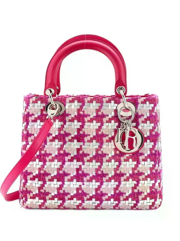 Dior Lady Bag Woven Leather With Tweed Medium Tote Bag - Pink