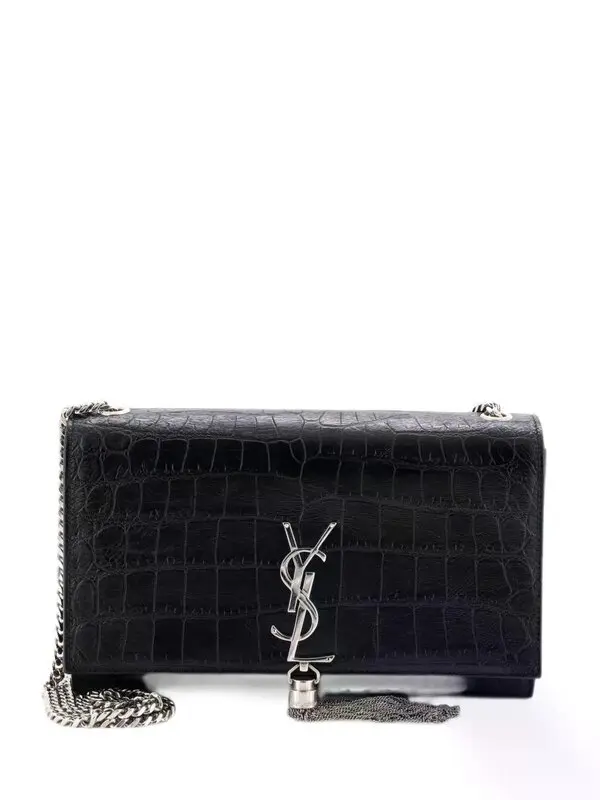 Saint Laurent Classic Monogram Tassel Crocodile Embossed Leather Medium Crossbody Bag - Black
