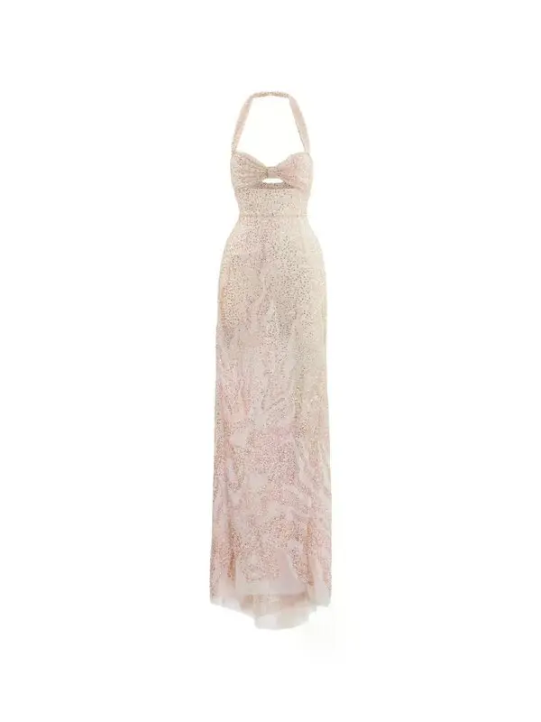 SAIID KOBEISY Embroidered Tulle Fitted Maxi Dress - Gold
