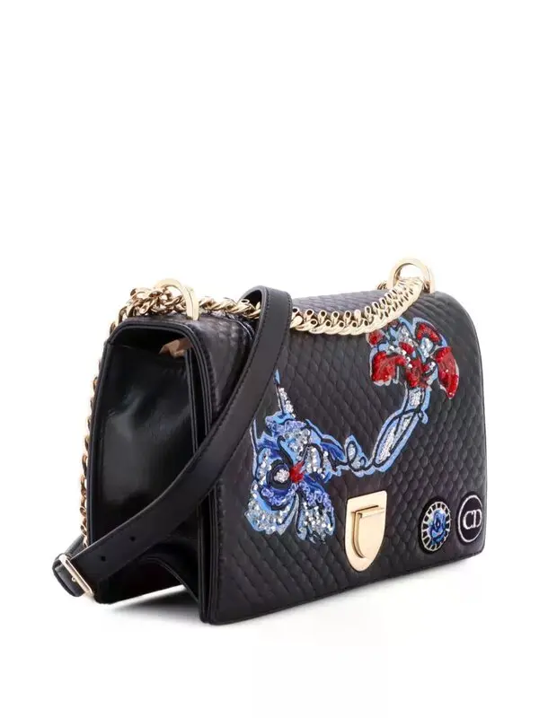 Dior Diorama Flap Bag Patch Embellished Leather Medium Shoulder Bag - Black