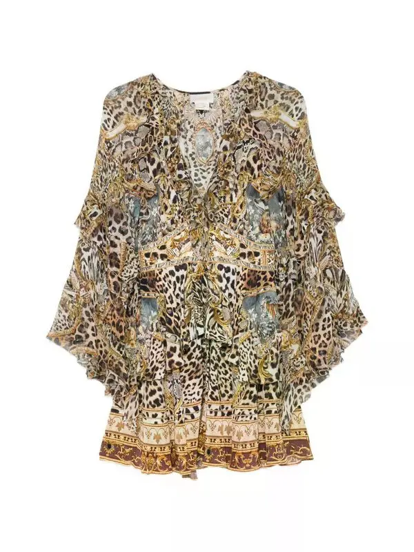Camilla Ruffled Silk Leopard Print Mini Dress - Brown