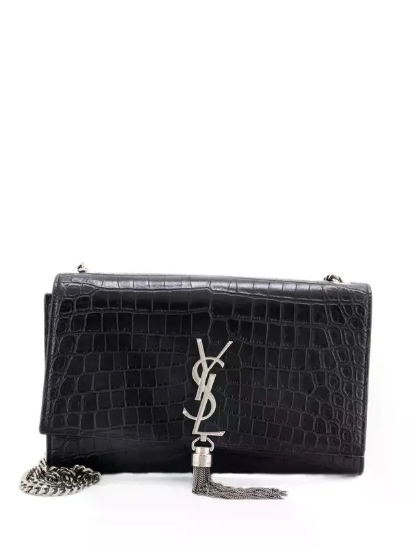Saint Laurent Classic Monogram Tassel Crocodile Embossed Leather Medium Crossbody Bag - Black