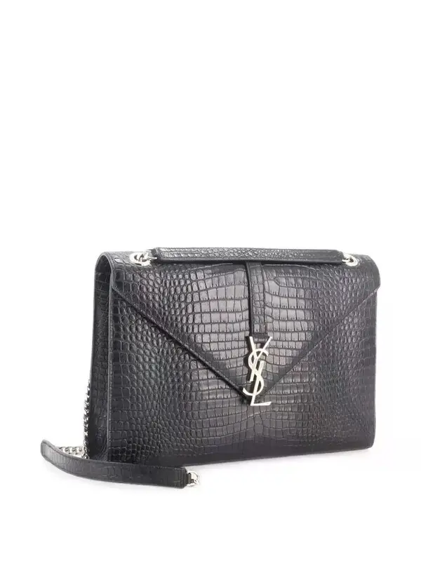 Saint Laurent Classic Monogram Envelope Satchel Crocodile Embossed Leather Large Crossbody Bag - Black