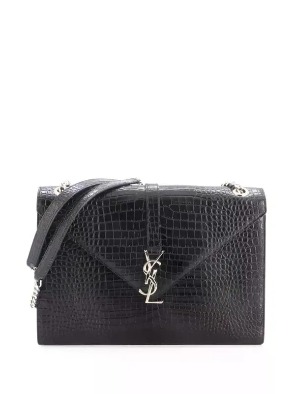 Saint Laurent Classic Monogram Envelope Satchel Crocodile Embossed Leather Large Crossbody Bag - Black