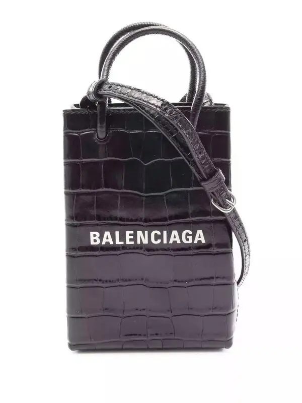 Balenciaga 2018-2026 Mini Croc Embossed Leather Shopping Phone Holder Satchel - Black