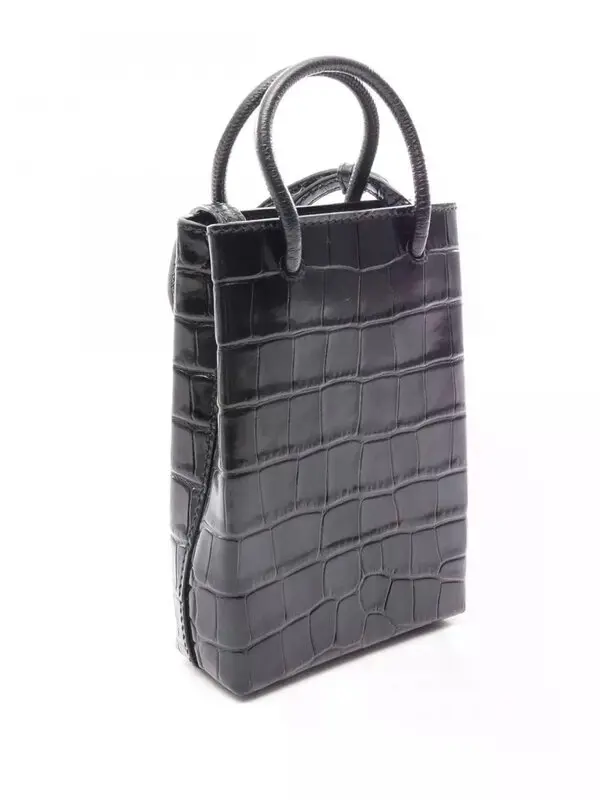 Balenciaga Croc Embossed Leather Shopping Phone Holder Satchel - Black