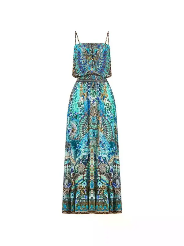 Camilla Shirred-waist Long Dress - Blue