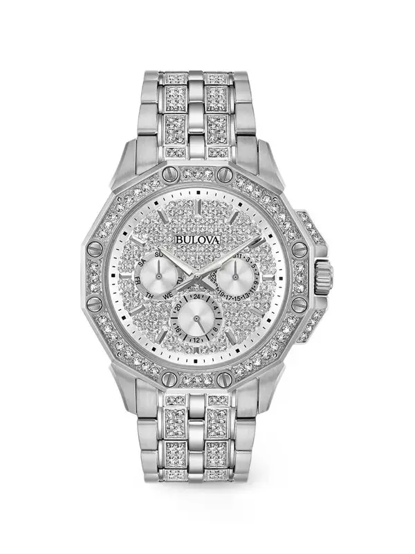 Bulova Octava 42mm Chronograph Watch With Crystal Embellishments - Silver