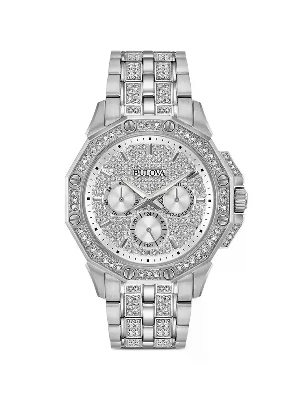 Bulova Octava 42mm Chronograph Watch With Crystal Embellishments - Silver