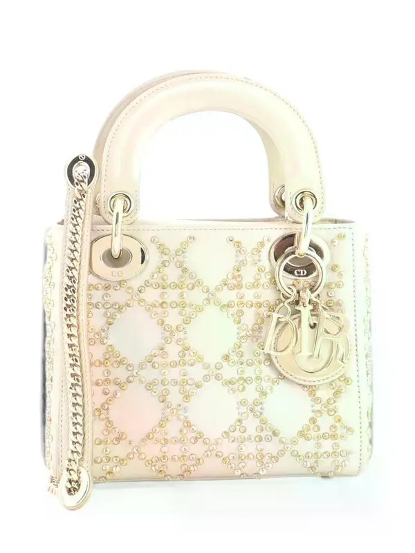 Dior Lady Chain Bag Crystal Embellished Cannage Quilt Leather Mini Satchel - Neutrals