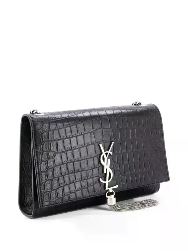 Saint Laurent Classic Monogram Tassel Crocodile Embossed Leather Medium Crossbody Bag - Black