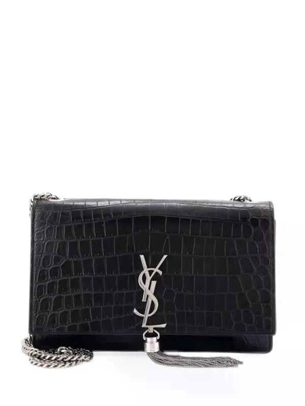Saint Laurent Classic Monogram Tassel Crocodile Embossed Leather Medium Crossbody Bag - Black