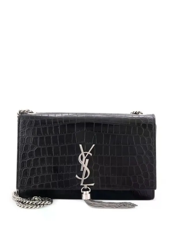 Saint Laurent Monogram Tassel Crocodile Embossed Leather Medium Crossbody Bag - Black