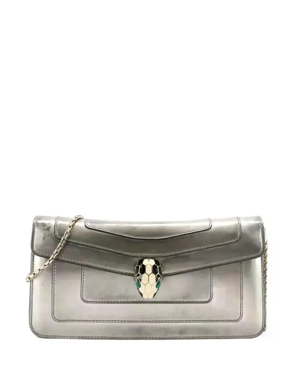 BVLGARI Serpenti Forever Chain Metallic Leather Clutch Bag - Silver