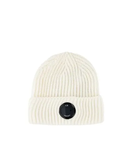 C.P. COMPANY Logo Plaque Knit Beanie - White