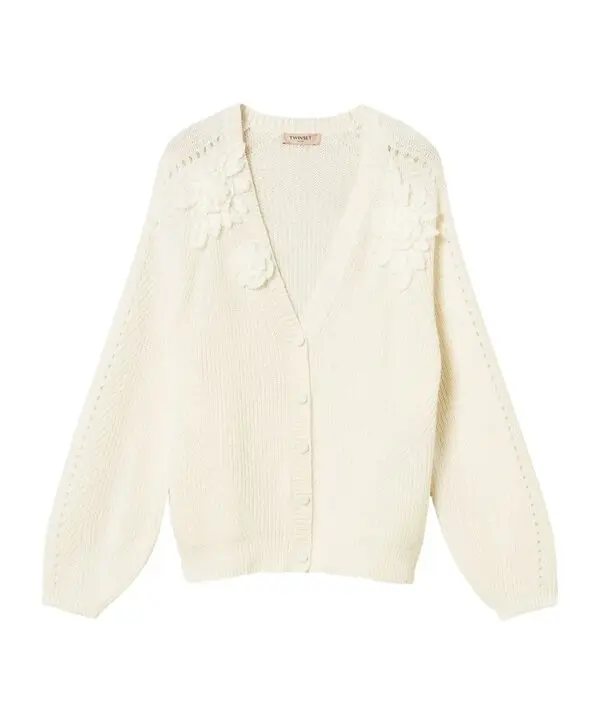 TWINSET Crochet Floral Appliqué Knit V-neck Cardigan - Off White